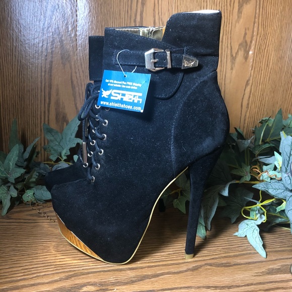 Shiekh | Shoes | Sheikh Black Gold High Heel Lace Up Booties Nwt | Poshmark